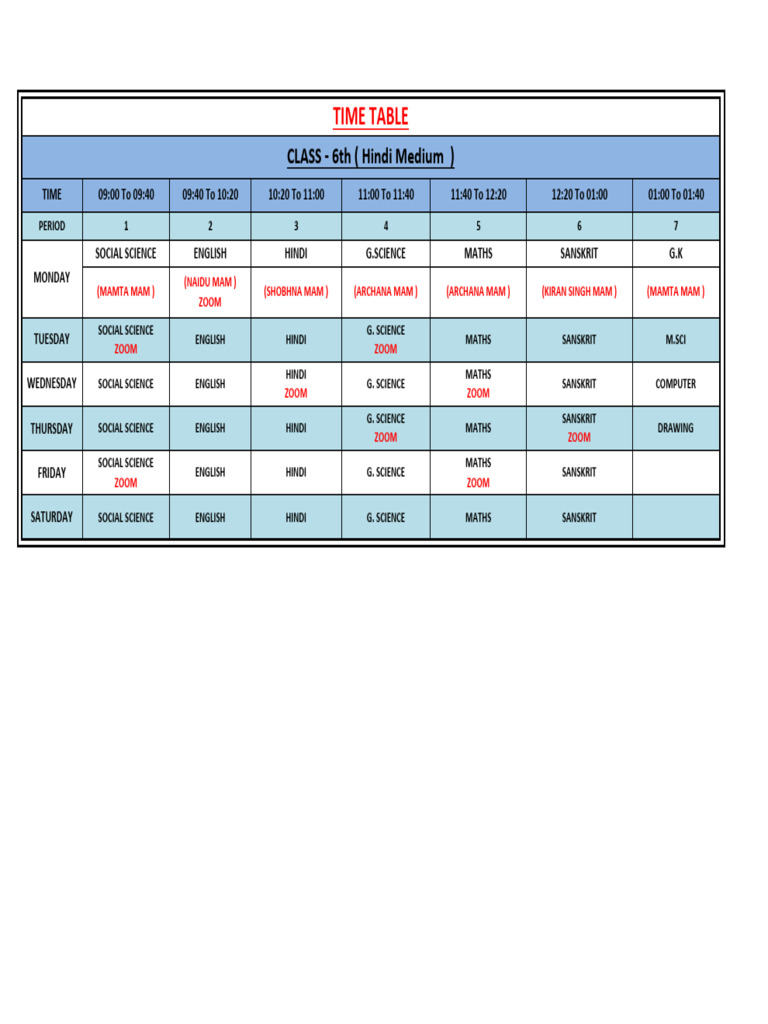 6th Class Hindi Medium Time Table | PDF