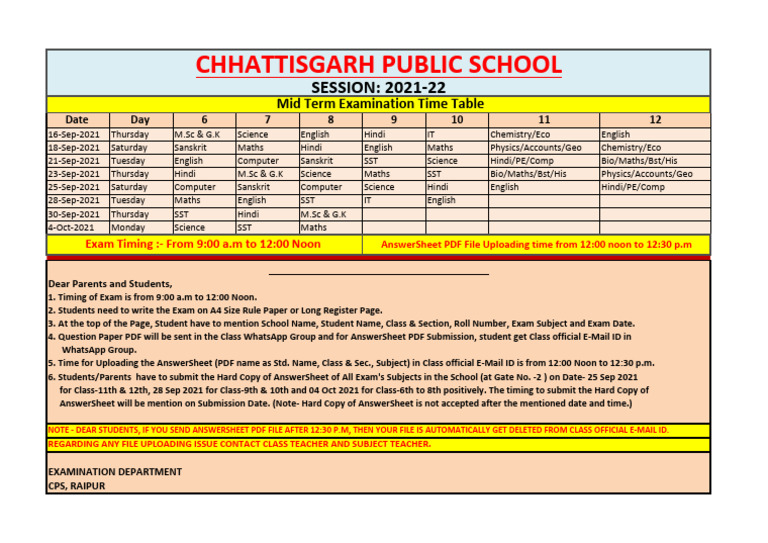 Mid Term Exam Schedule 2021-22 | PDF