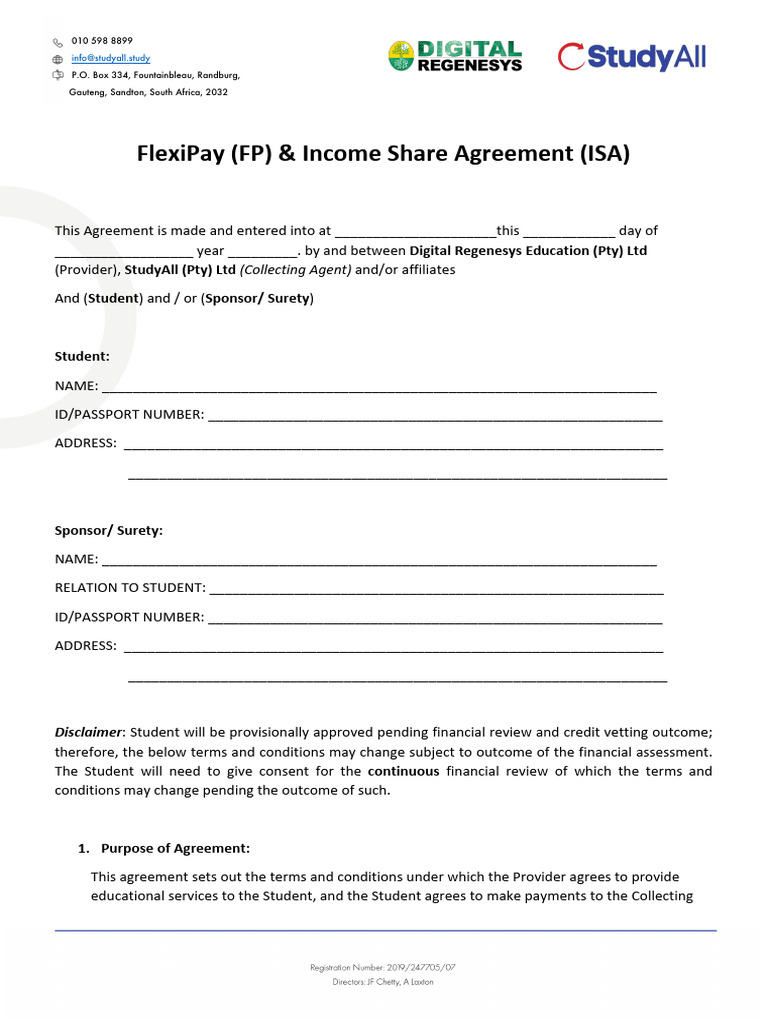 FlexiPay & ISA Agreement for Students | PDF | Breach Of Contract | Credit