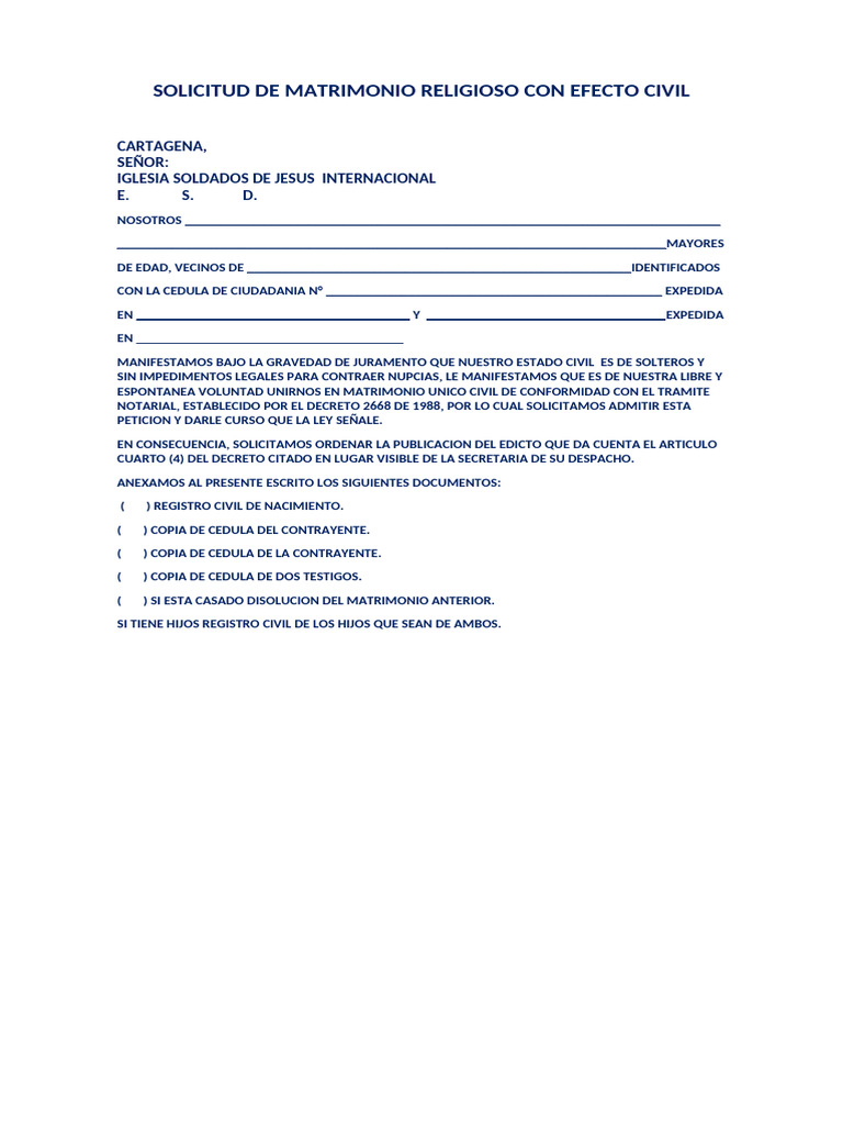 Solicitud Matrimonio Religioso-Civil | PDF | Documento de identidad | Matrimonio