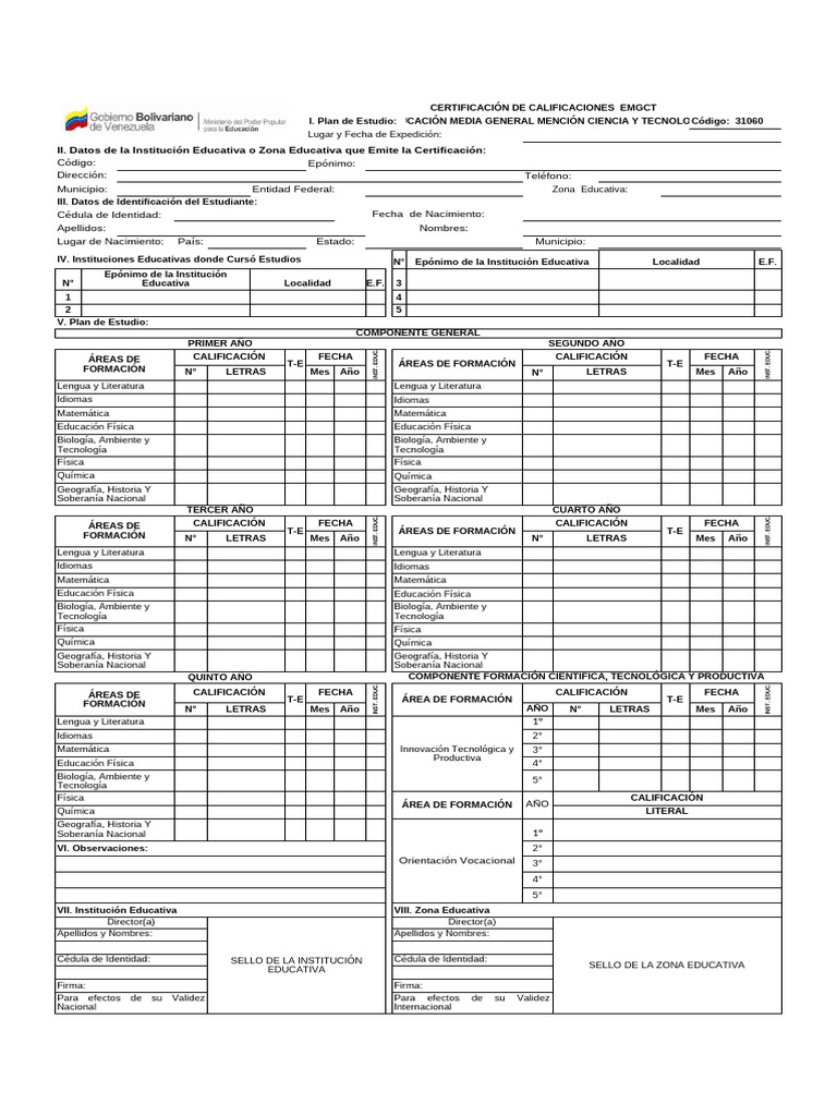 Certificación de Calificaciones Plan de Estudio EMG-Mención Ciencia y Tecnología Código 31060 ...