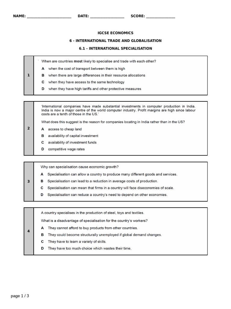 IGCSE Economics - 6.1 - International Specialisation | PDF