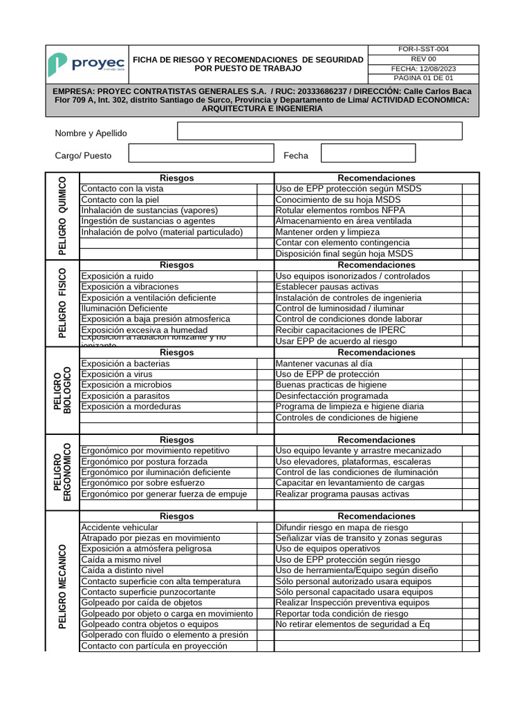 FOR-I-SST-004 Ficha Riesgo y Recomendaciones SST por puesto | PDF ... FOR-I-SST-004 Ficha Riesgo y Recomendaciones SST por puesto | PDF ...