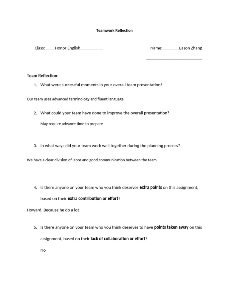 Teamwork Reflection Sheet | PDF