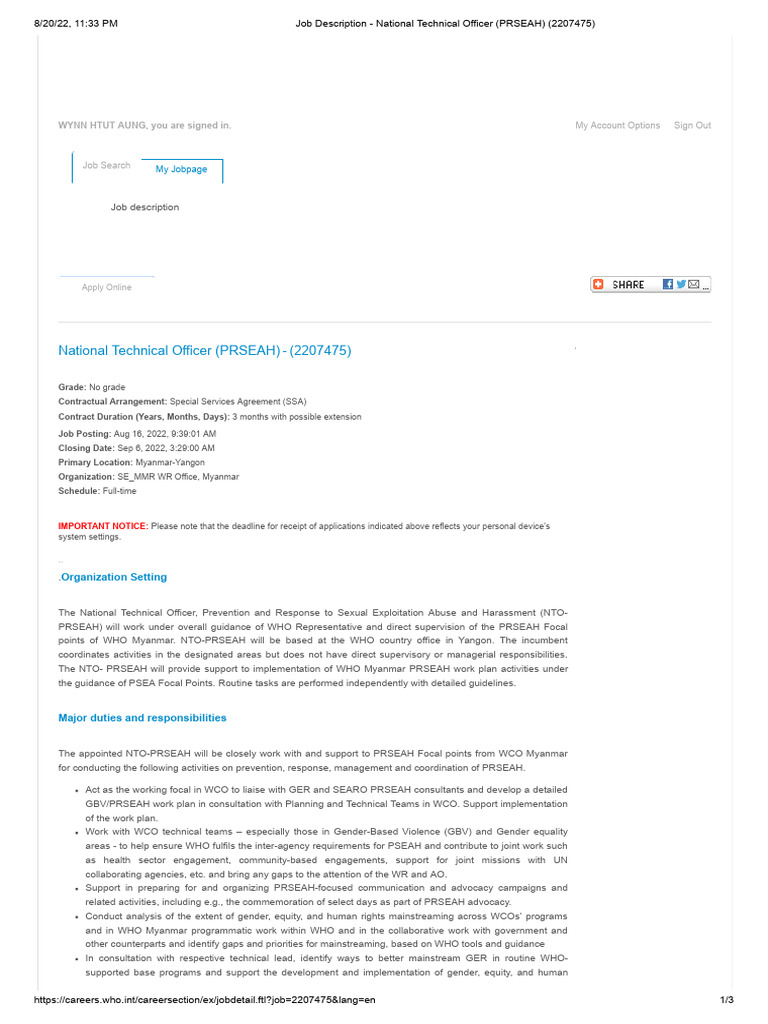 Job Description - National Technical Officer (PRSEAH) (2207475) | PDF ...