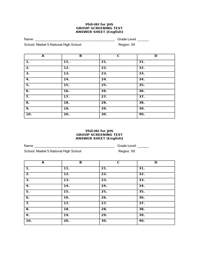 Phil IRI For JHS GST Answer Sheet | PDF