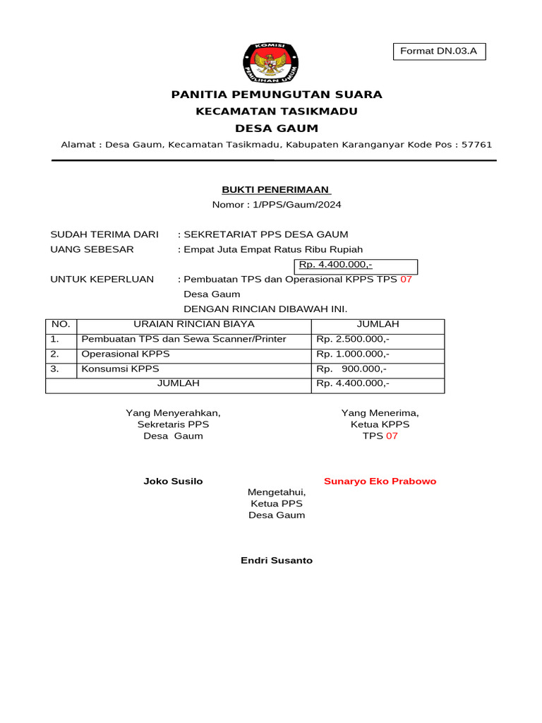 SPJ KPPS Desa Gaum - TPS 07 | PDF