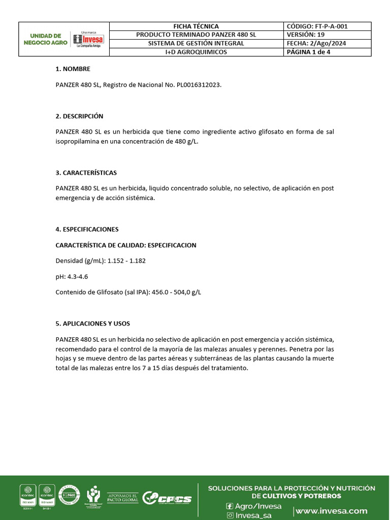 Ficha Técnica de Panzer 480 SL | PDF | Pesticida | Herbicida