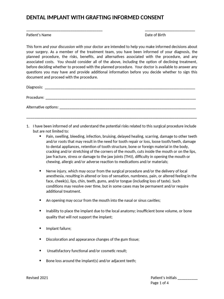Dental Implant Grafting Consent Form | PDF | Dental Implant | Anesthesia