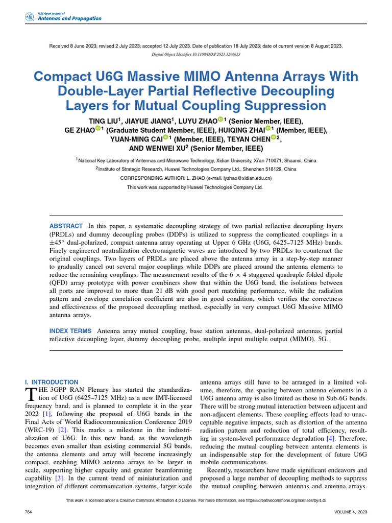 Compact U6g Massive Mimo Antenna Arrays With Double Layer Partial Reflective Decoupling Layers
