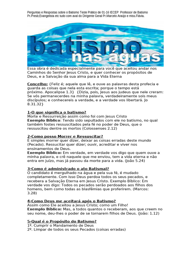 Batismo Na Aguas Dicipulado Basico IECEP | PDF | Batismo | Espírito Santo (religião)