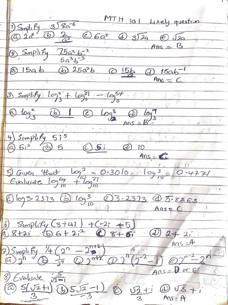 MTH 101 questions and answers | PDF