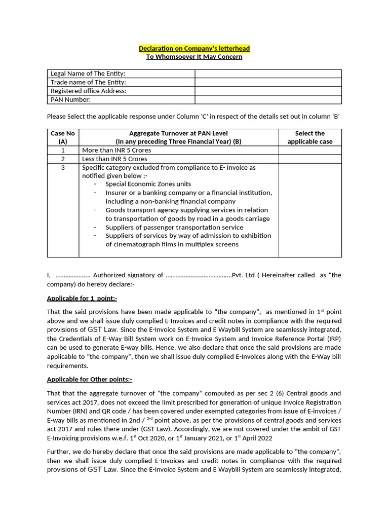 Declaration For E-Invoicing | PDF | Invoice | Payments