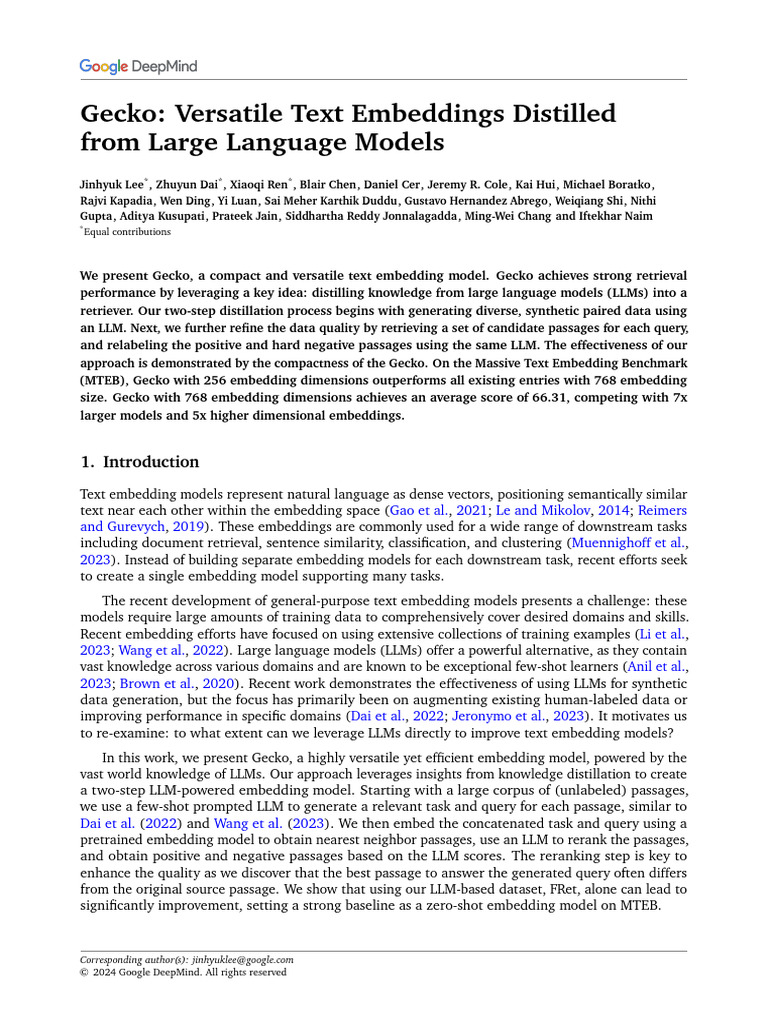 Gecko: Versatile Text Embeddings Distilled from Large Language Models ... Gecko: Versatile Text Embeddings Distilled from Large Language Models ...