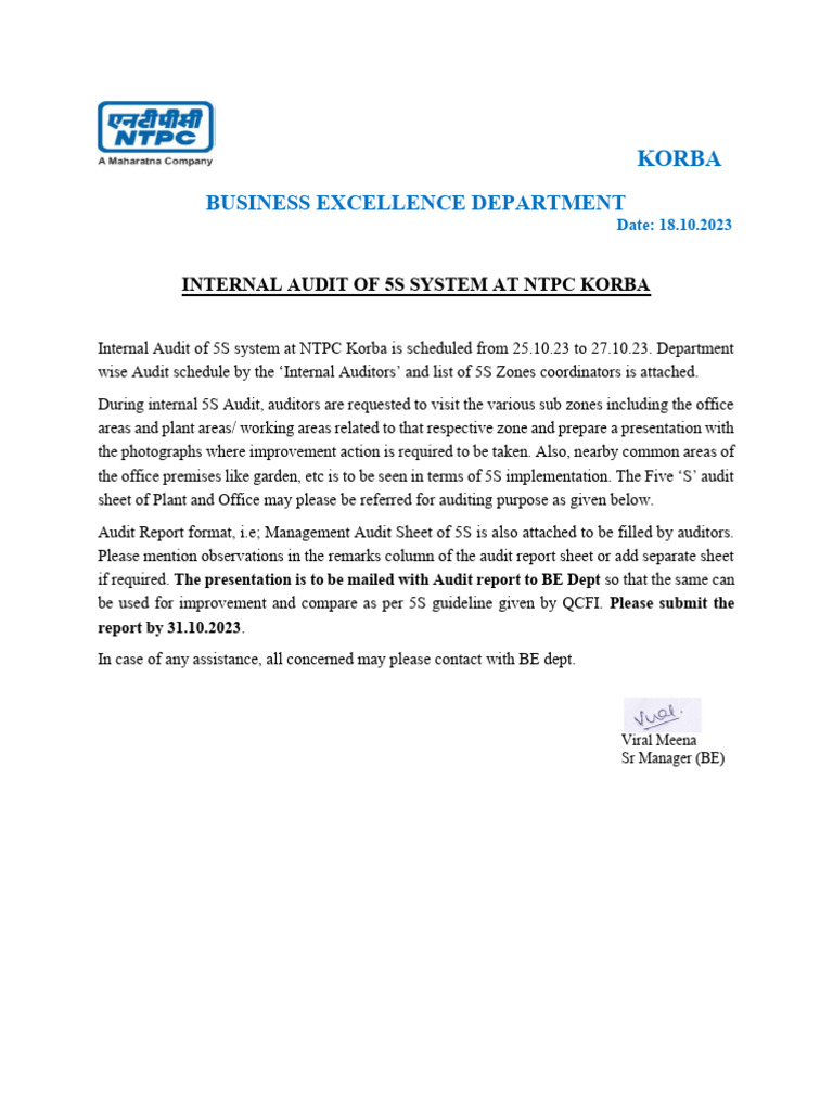 5S Internal Audit Schedule at NTPC Korba | PDF | Audit