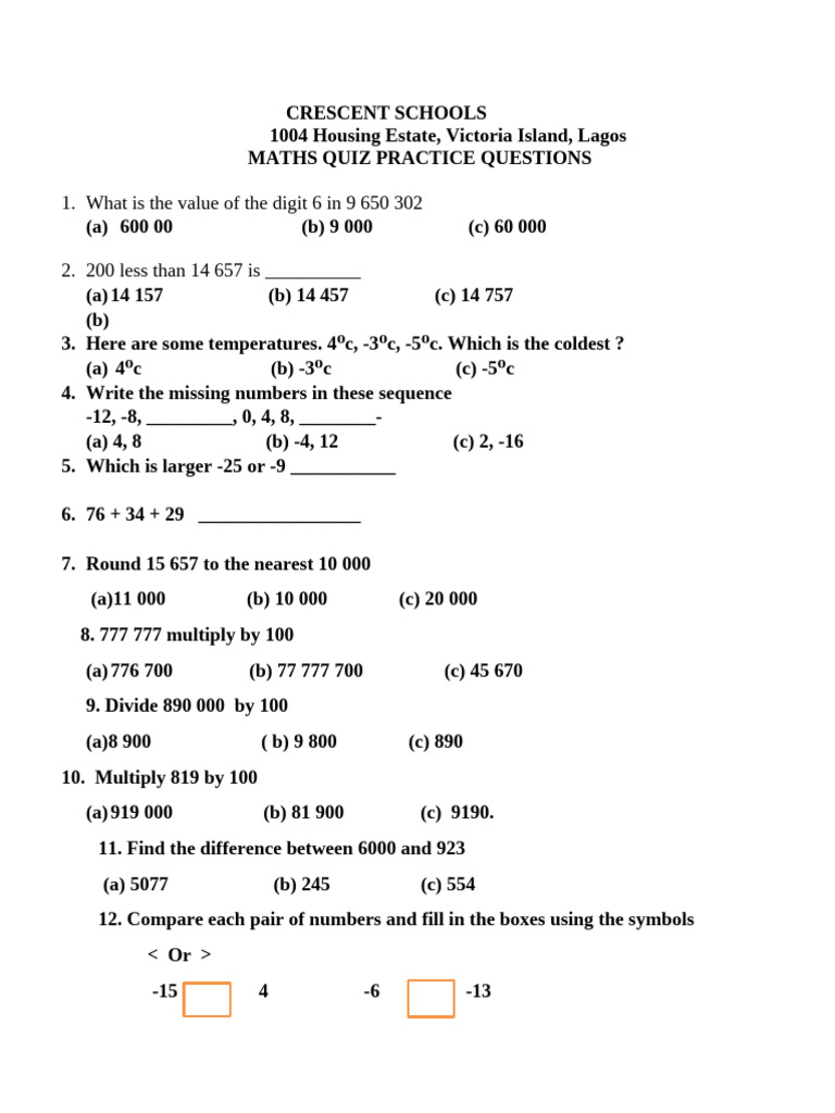 Maths Quiz Practice Questions Yr 3 | PDF | Numbers | Prime Number