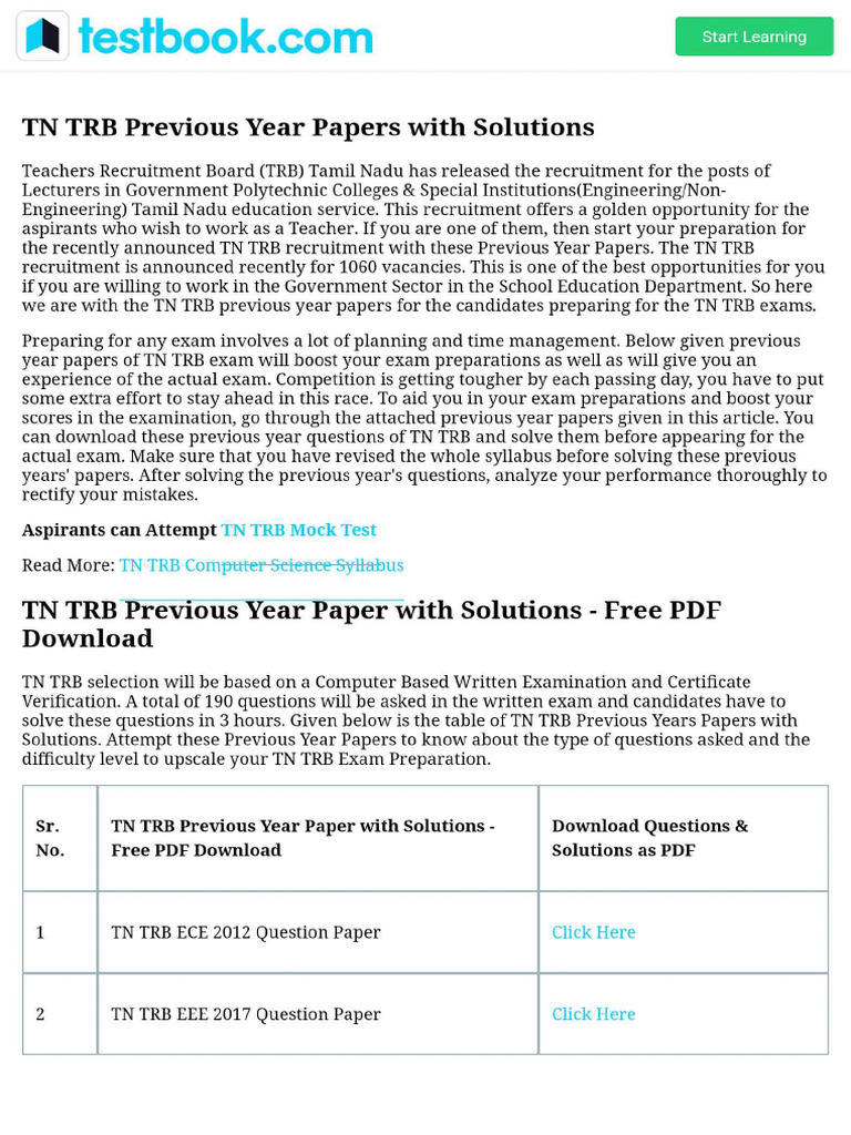 TN TRB Previous Year Papers With Solutions | PDF