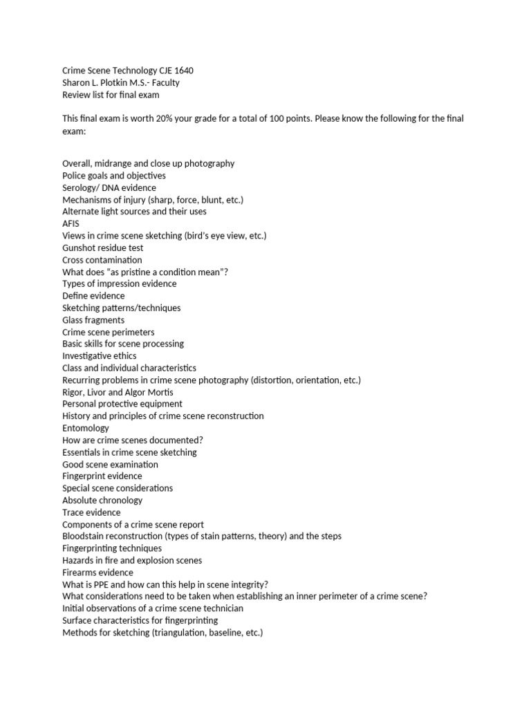 Review+List+Crime+Scene+Technology+CJE+1640%281%29 | PDF
