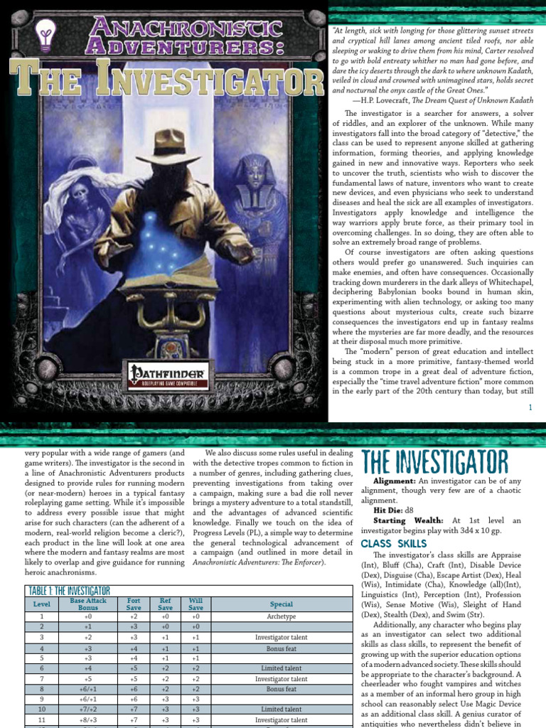 Anachronistic Adventurers - The Investigator | PDF
