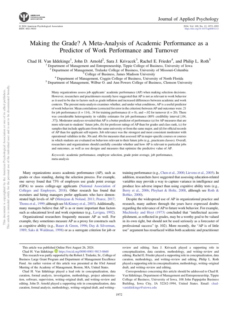 Making The Grade A Meta-Analy | PDF | Turnover (Employment) | Validity ...