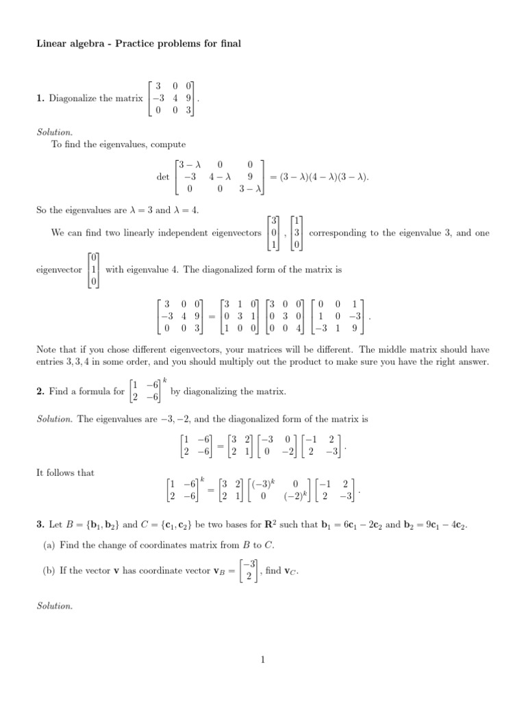 Practice Final Solutions | PDF | Eigenvalues And Eigenvectors | Matrix (Mathematics)