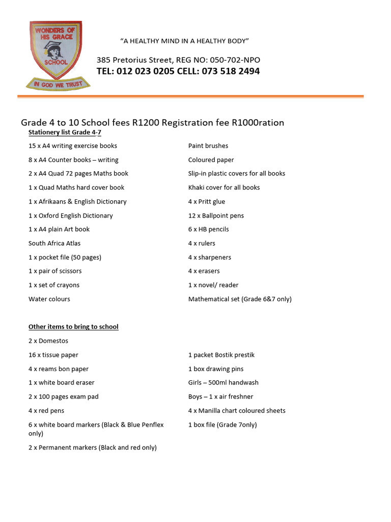Stationery List Grade 4-7 | PDF