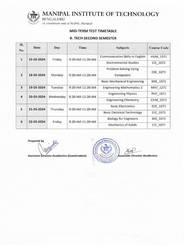 BTech II sem Midterm Timetable | PDF