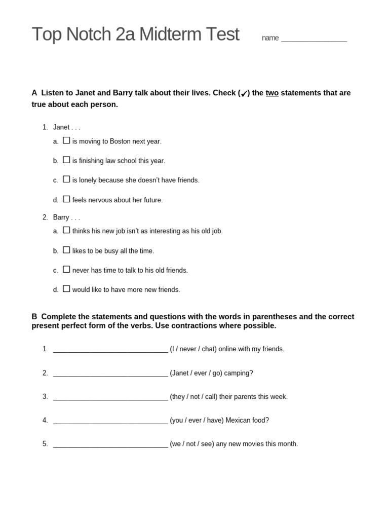 Top Notch 2a Tests - Units 1 - 3 | PDF | Grammar | Linguistics