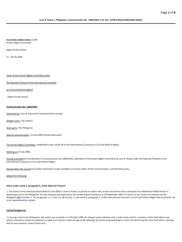 Leon R. Rouse v. Philippines | PDF | Witness | European Convention On ...