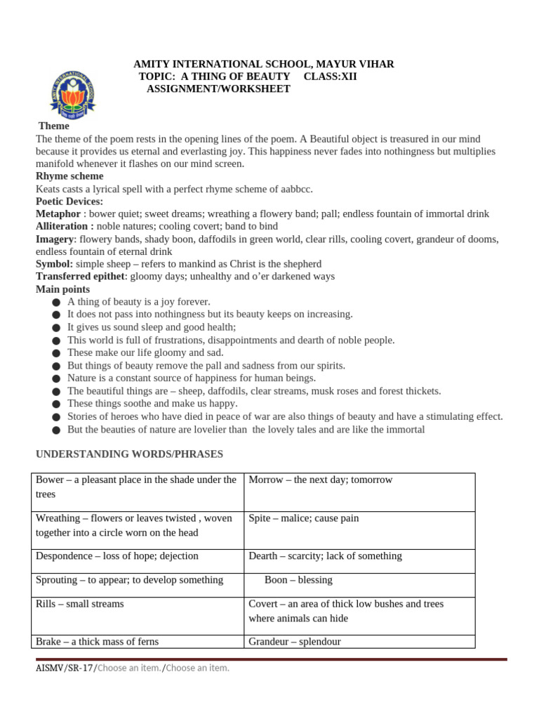 A Thing of Beauty Assignment-A3-SUBJECTIVE | PDF