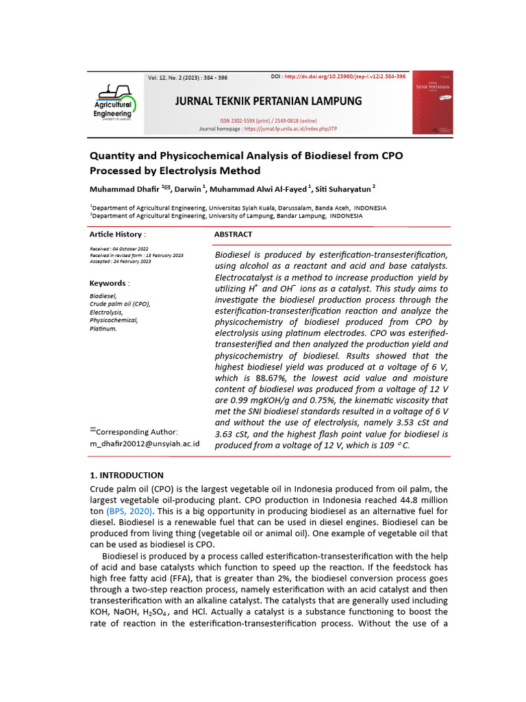Dhafir Et Al 2023 Quantity and Physicochemical Analysis of Biodiesel ...