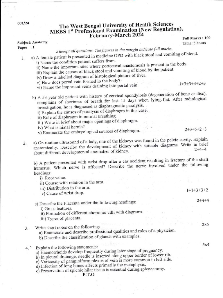 Question Papers of MBBS First Professional Feb Mar 24 Examinations ...