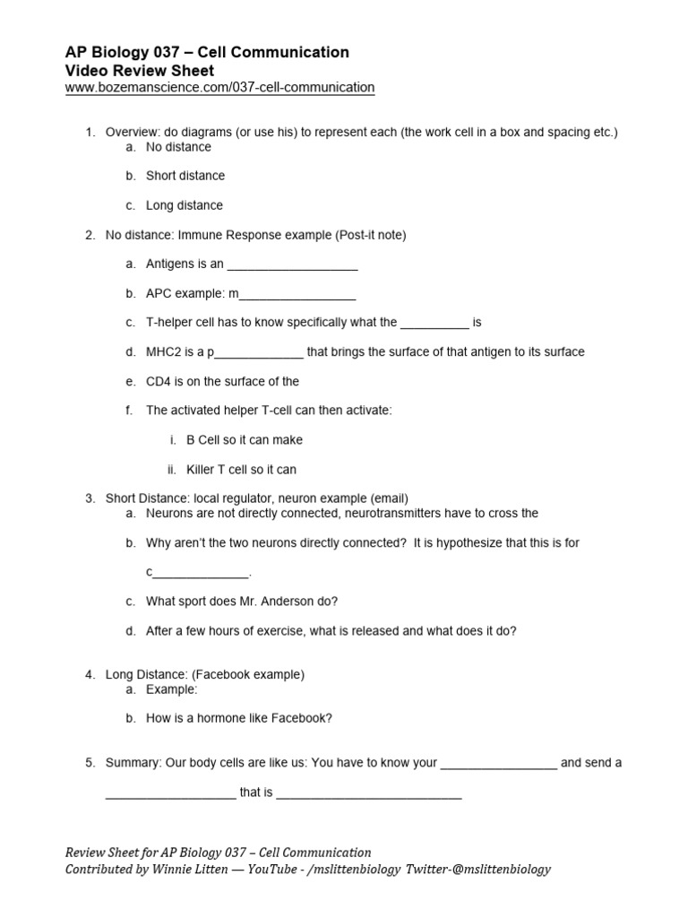AP Bio-037 Cell Communication Worksheet-WL | PDF