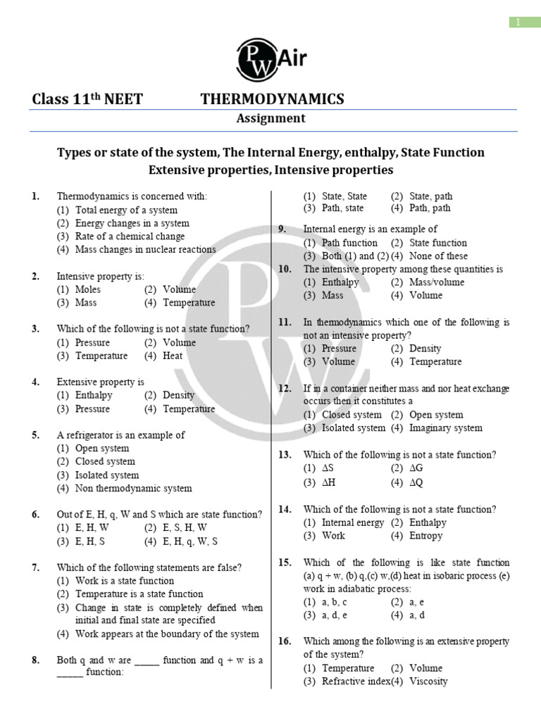 Assignment_Thermodynamics_Chemistry_Class 11th NEET_Mukesh Sir_Mukesh Kumar | PDF | Heat | Enthalpy
