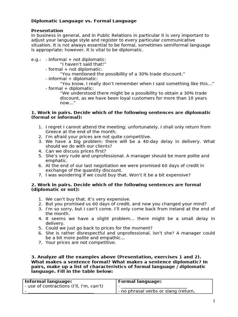 Diplomatic vs. Formal Language in Business | PDF | Linguistics