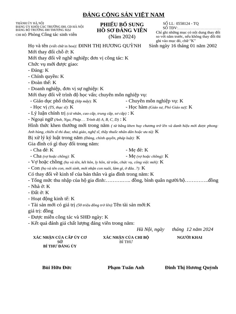Phieu Bo Sung Ho So Dang Vien Năm 2024 | PDF