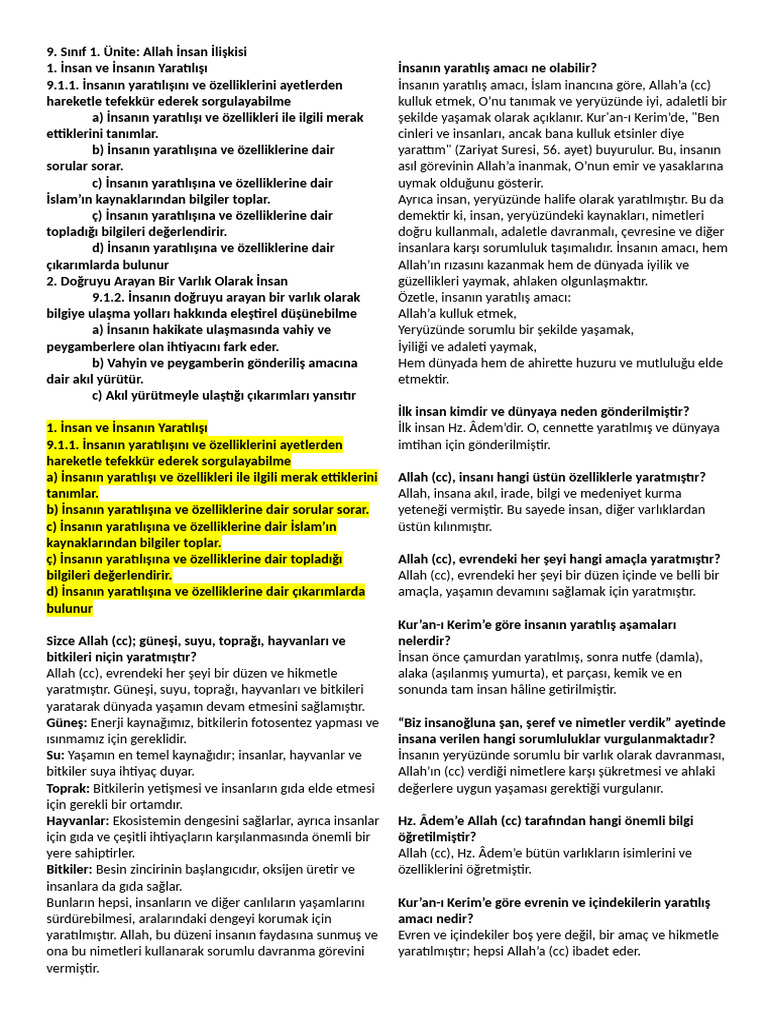 91Ünite1yazılıya hazırlık soru cevap | PDF