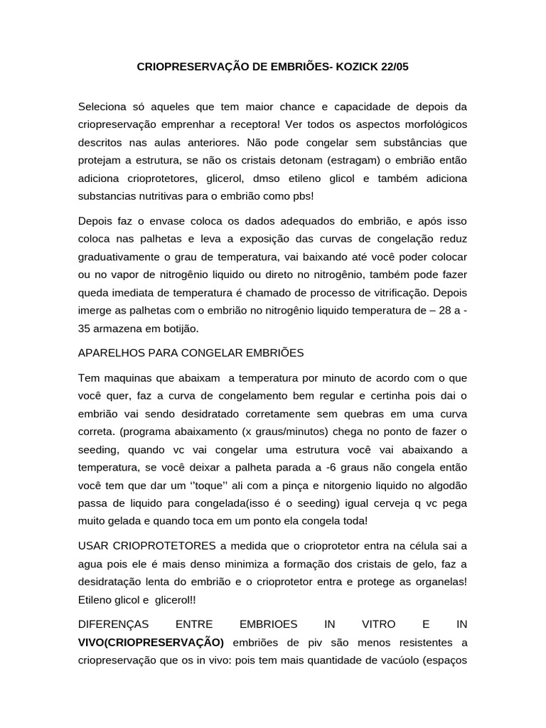 Criopreservação de Embrioes Kozick | PDF