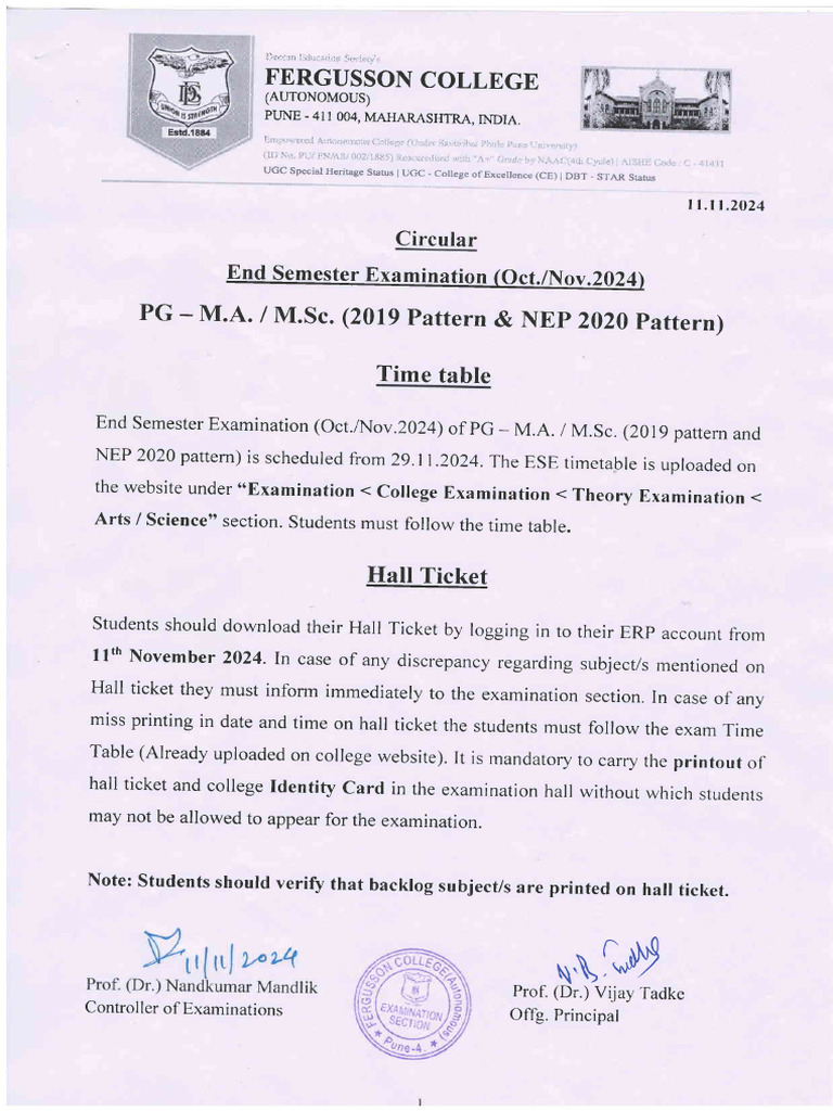 PG Time Table Hall Ticket Notice Oct Nov 2024 | PDF