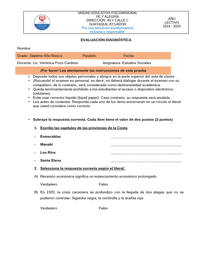 Prueba de Diagnostico 7mo | PDF