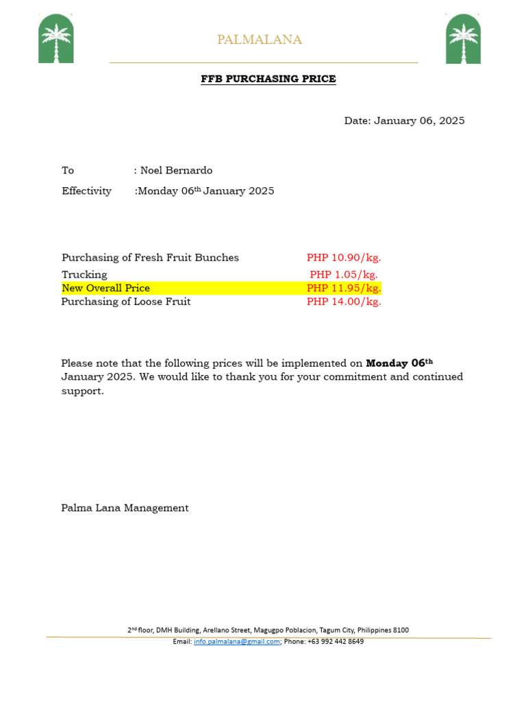 Bernardo FFB Price - 01.06.25 | PDF