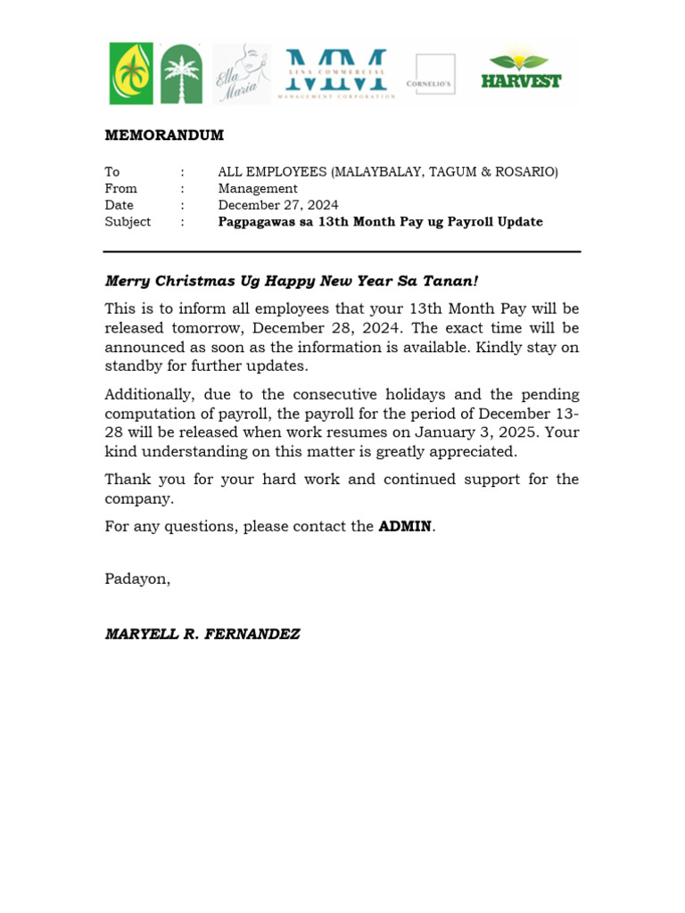 Memorandum - 13TH Month Admin | PDF