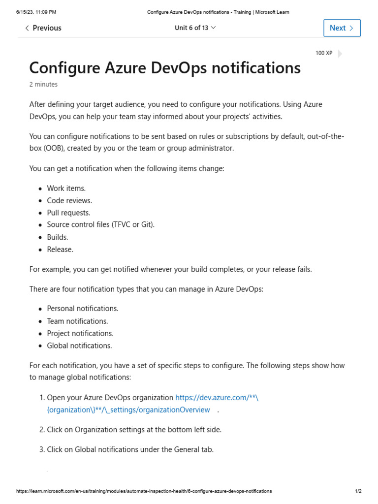 Configure Azure DevOps Notifications - Training - Microsoft Learn | PDF | Software Engineering ...