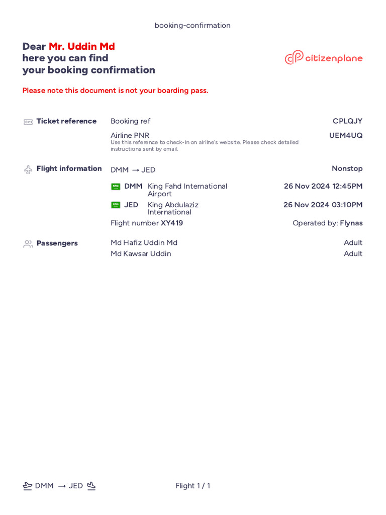Flight Booking Confirmation 2024 | PDF
