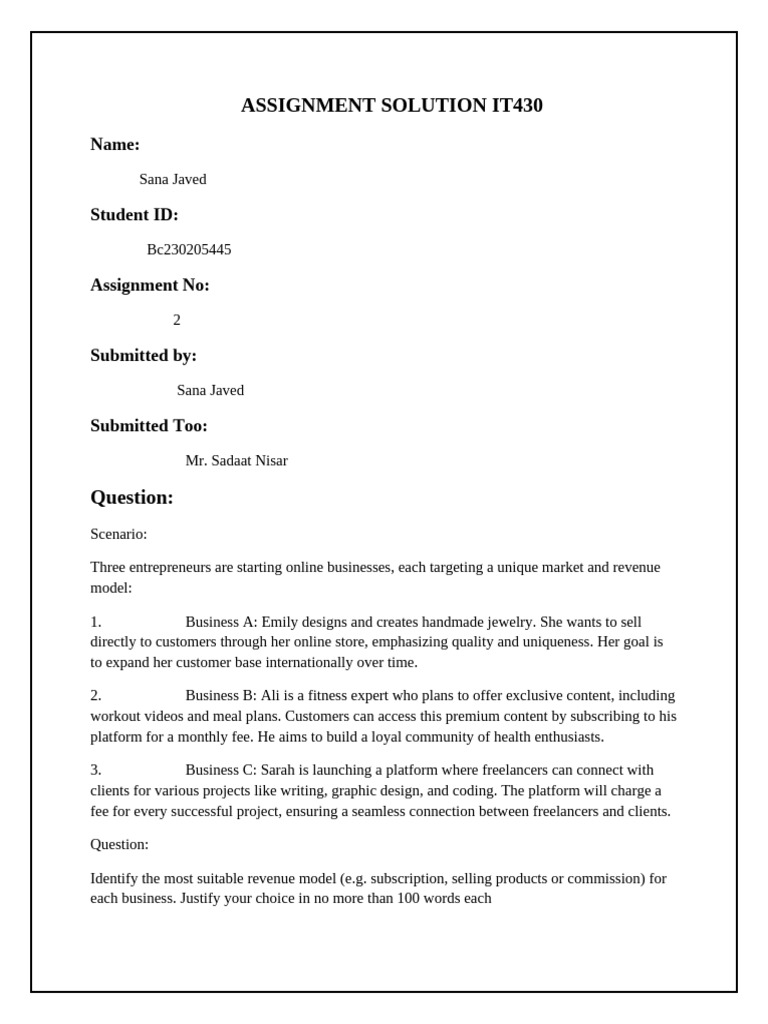 ASSIGNMENT SOLUTION IT430 | PDF | Subscription Business Model | Service Industries