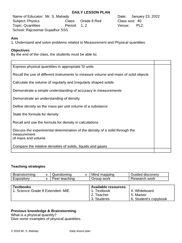 23 01 23 - Mon 1 2 - G8 R - DLP | PDF | Density | Lesson Plan
