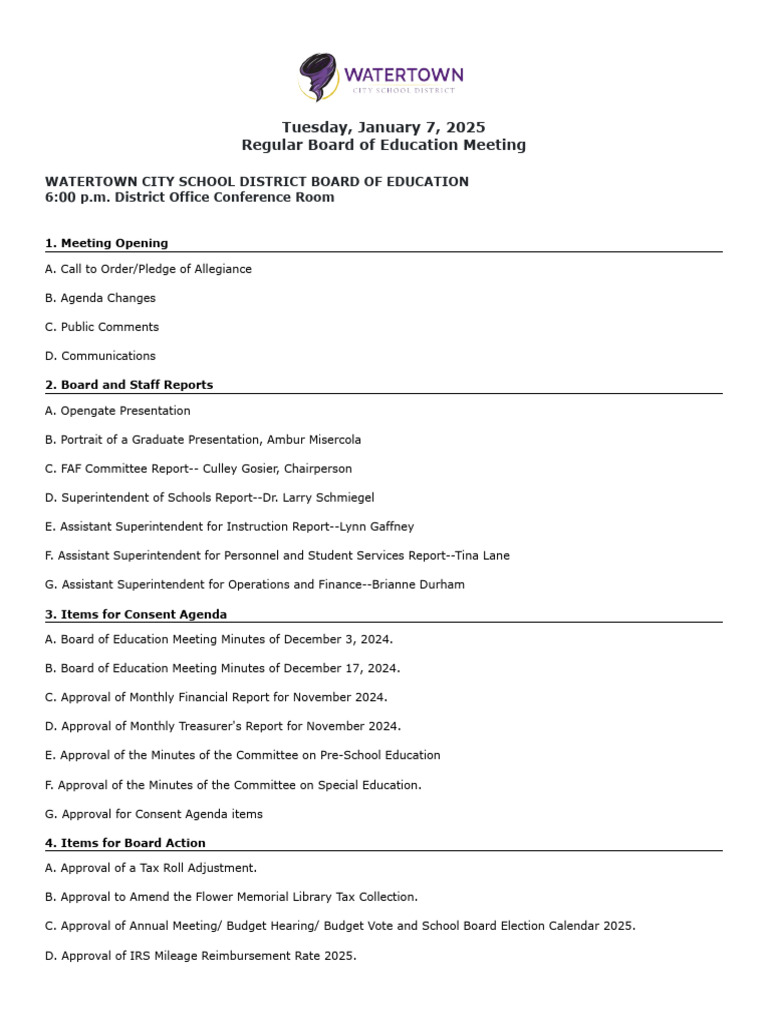Watertown School Board Meeting Agenda | PDF