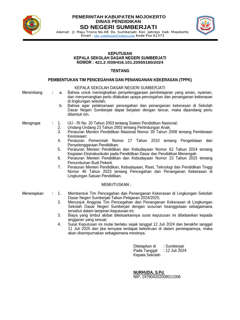 2 - SK Tim Pencegahan Dan Penanganan Kekerasan Di Lingkungan Satuan Pendidikan SDN Sumberjati | PDF