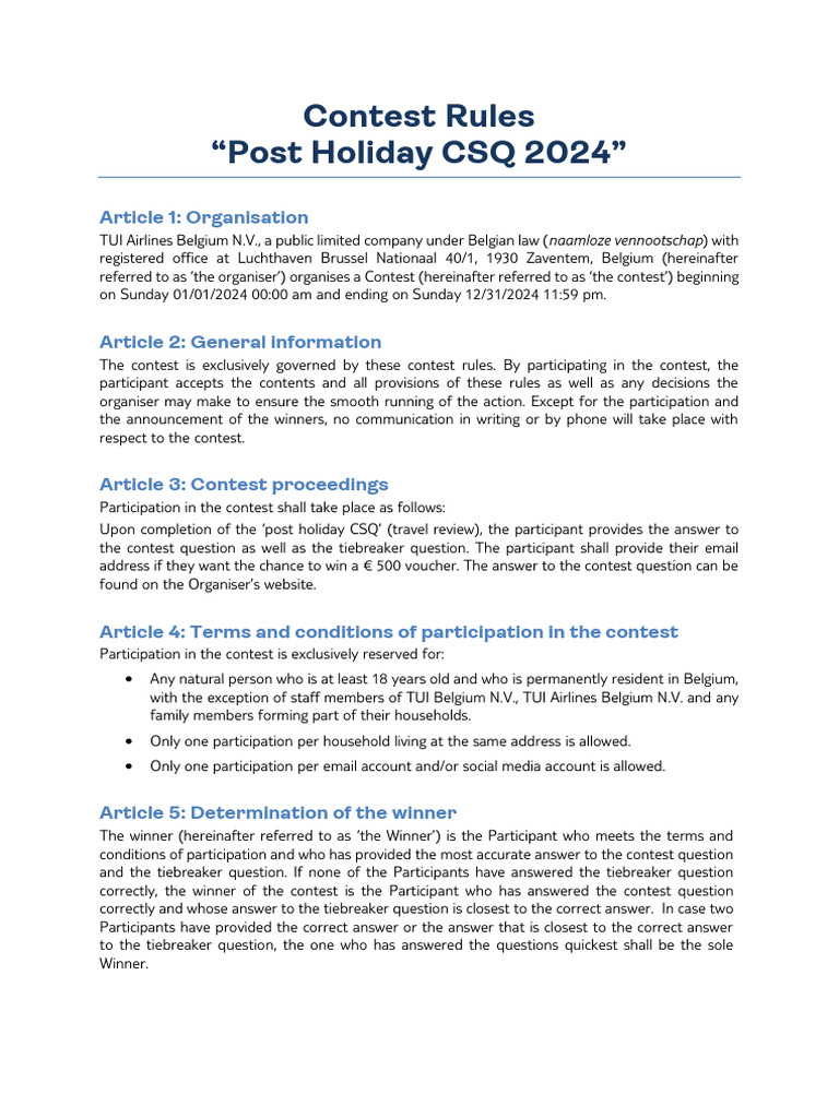 TUI Fly Contest Rules (Chance To Win 500EUR) | PDF | Justice | Crime ...