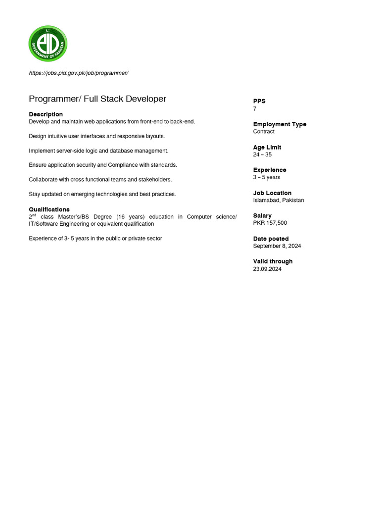 Press Information Department Programmer Full Stack Developer September ...